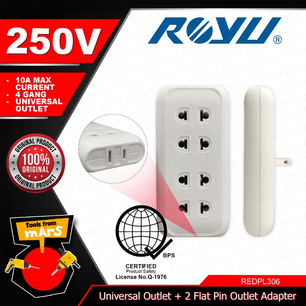 Royu 4 Gang Universal Outlet + 2 Flat Pin Outlet Adapter 10A 250V Black ...