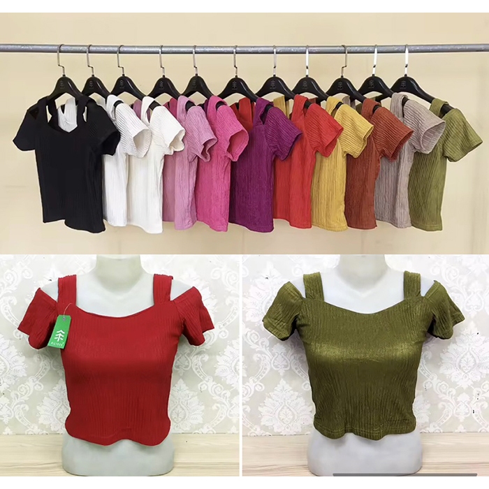 BIZTREE 00319 Blouse Semi Croptop Off-Shoulder Bark Crepe Plain for ...