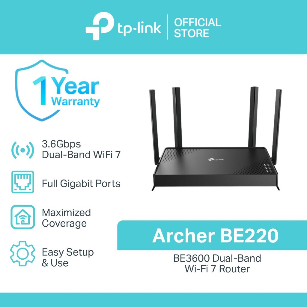 TP-Link | Archer | BE220 | BE3600 | Dual-Band | Full | Gigabit | Wi-Fi 7 | Router | Gaming ...