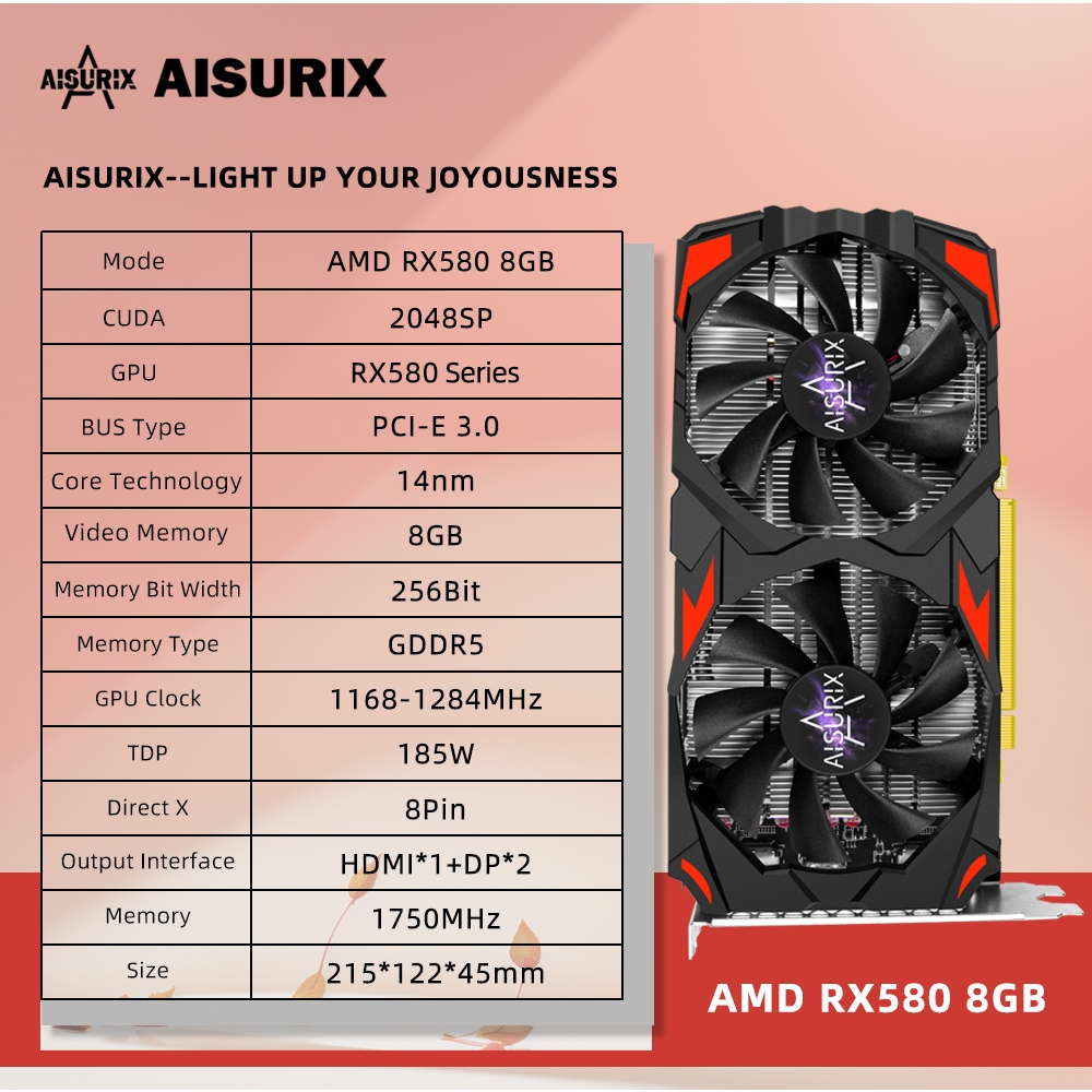 AISURIX Graphics Card RX 580 8GB GDDR5 256Bit 2084SP Computer GPU Video ...