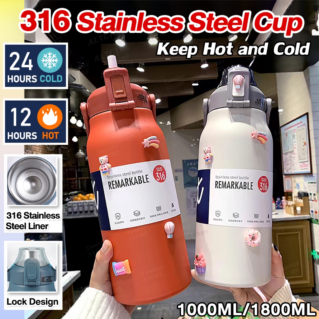 Flask Tumbler Leak-Proof Stainless Steel tumbler with Straw 1000ML-1800ML Sport Water Bottle ...