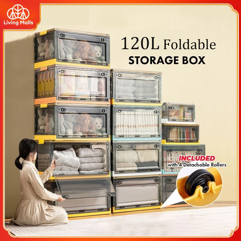 Living 120L Foldable Storage Box Transparent Stackable Storage Box With ...