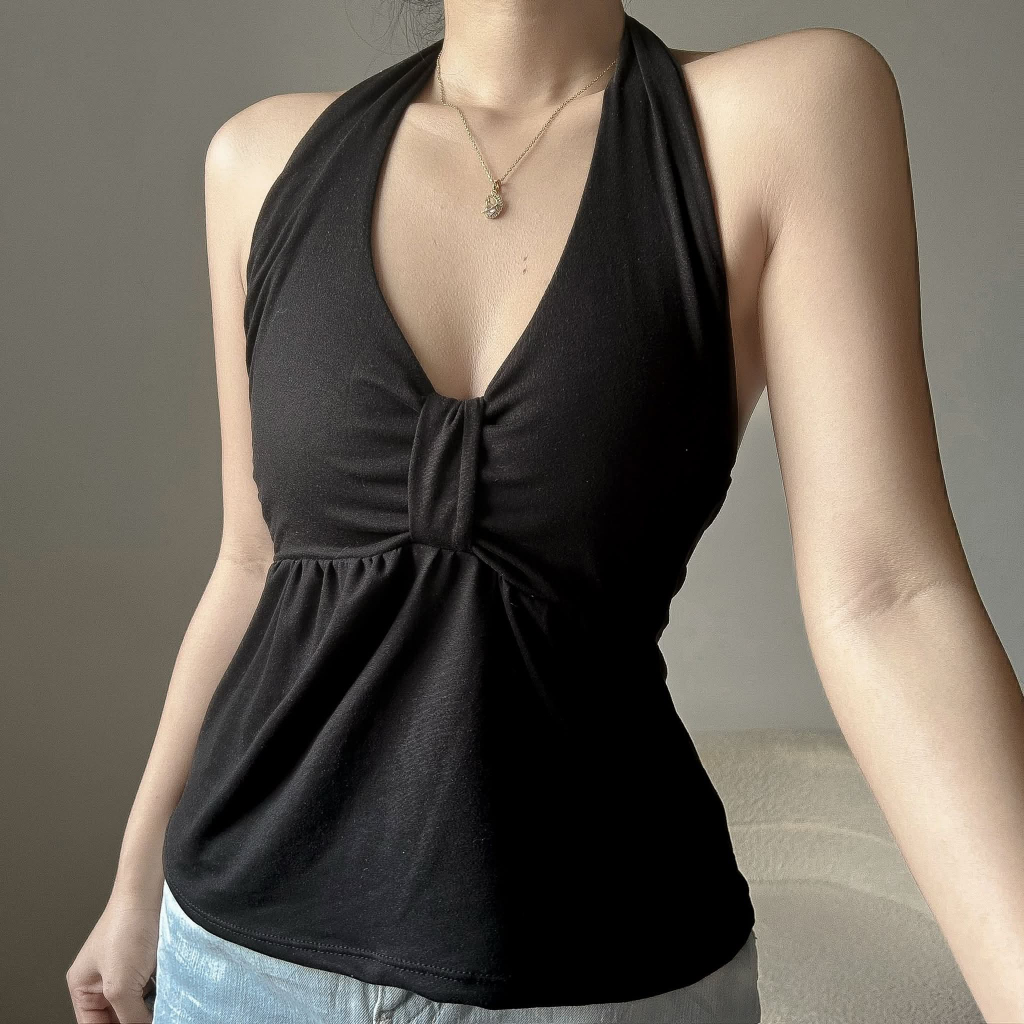 XC Korean Style Shirring Halter Neck Peplum Top Knitted | Shopee ...