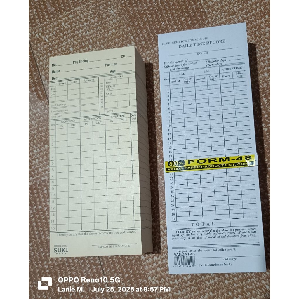 Time card (100 PC's in one pack)/DTR Form 48 (500 PC's in one pack ...