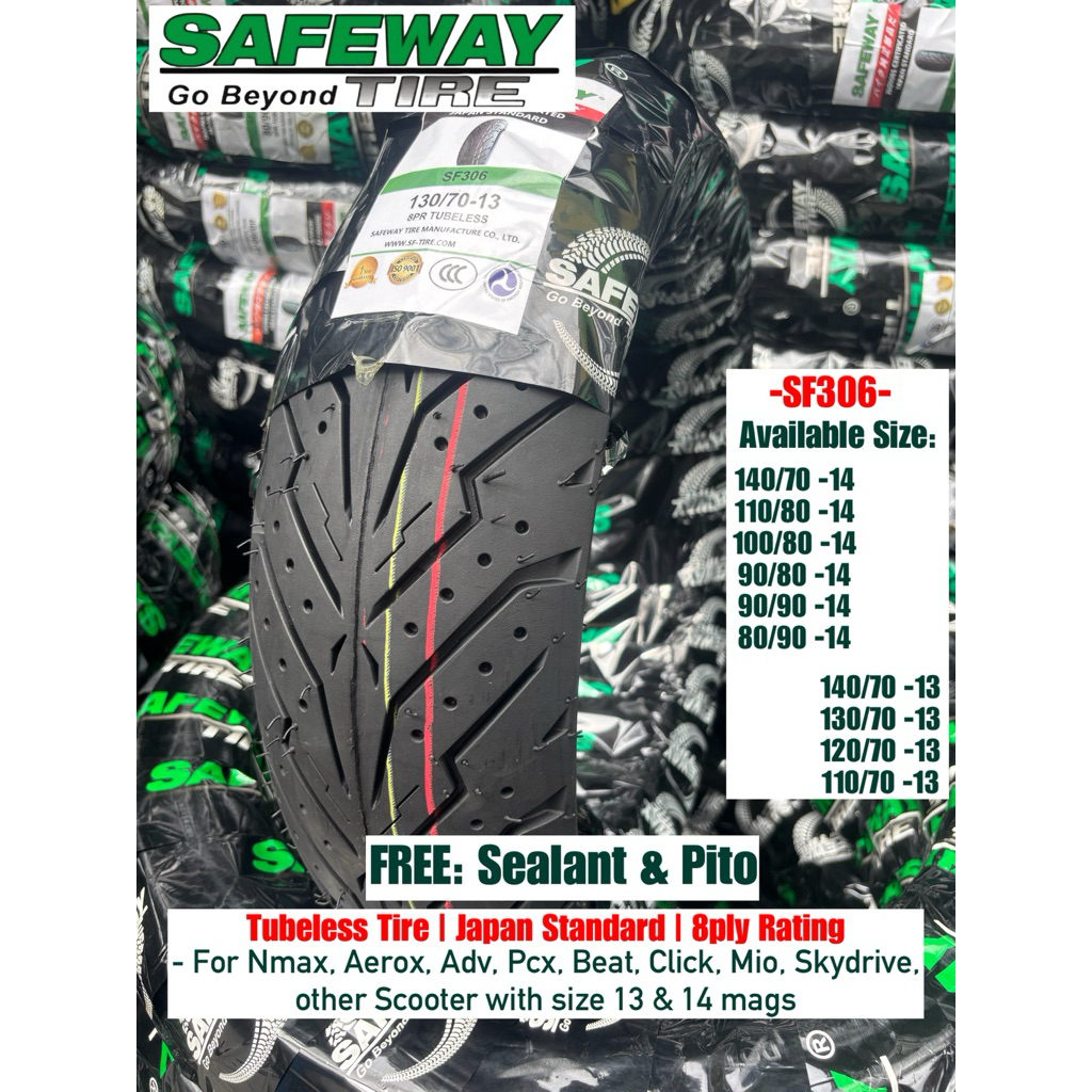 SAFEWAY Tubeless Tire SF306 size 13" & 14" mags (Free Sealant and Pito ...