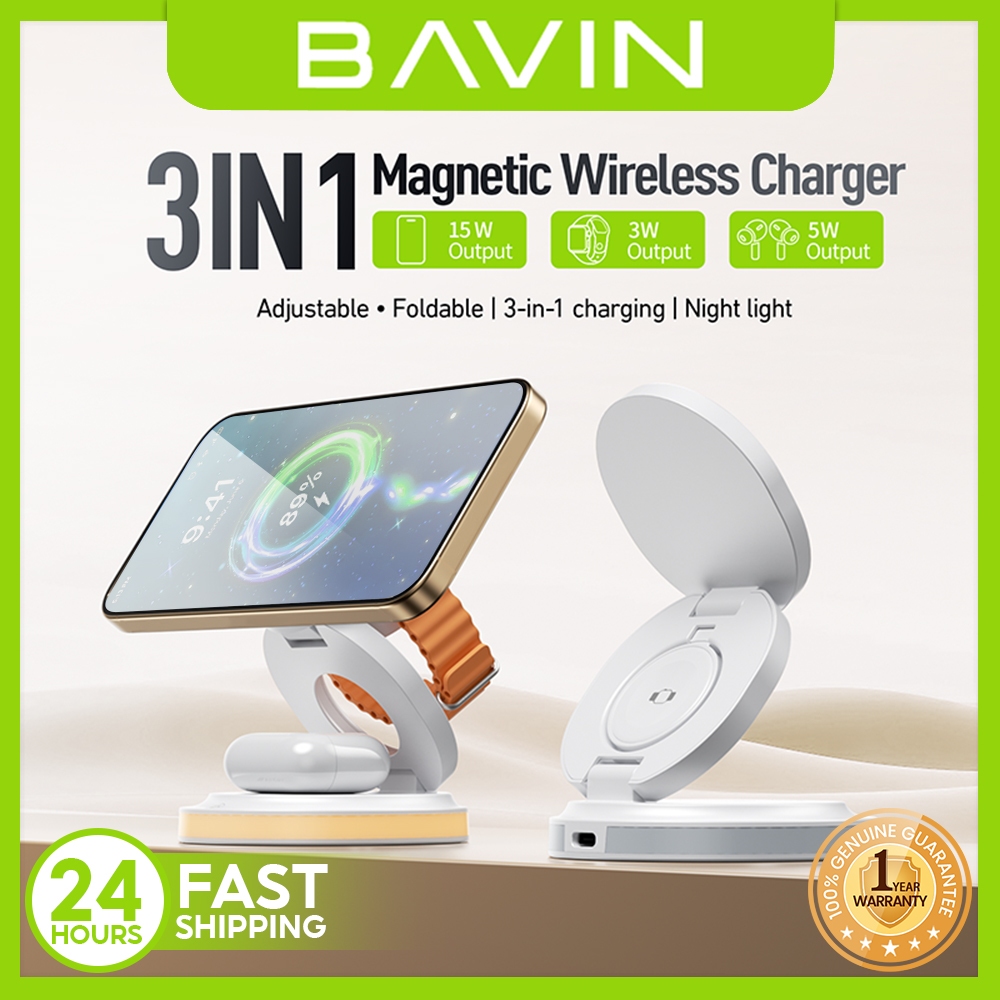 BAVIN PC1181 3in1 Magnetic 15W Wireless Charger Dock for Phone/Watch/Earbuds w/ Foldable Stand ...