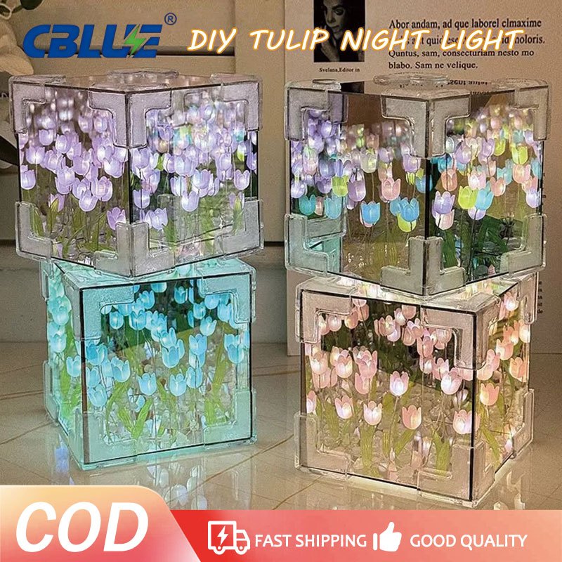 CBLUE DIY Tulip Mirror Cube Table Lamp Flower Bedroom Craft Night Light ...