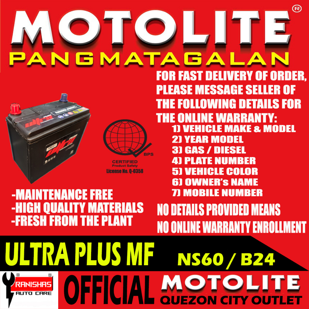 MOTOLITE NS60 ULTRA PLUS Maintenance Free Car Automotive Battery NS60L 1SNF 1SN B24L B24LS B24 ...