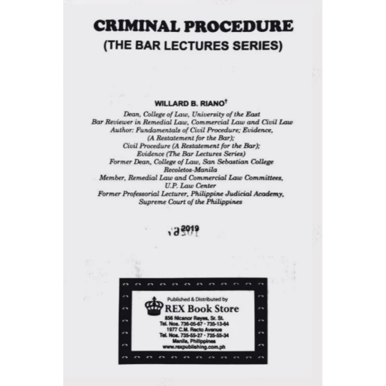 Criminal Procedure - Riano - 2019 Edition - Law Book - RINGBIND ...