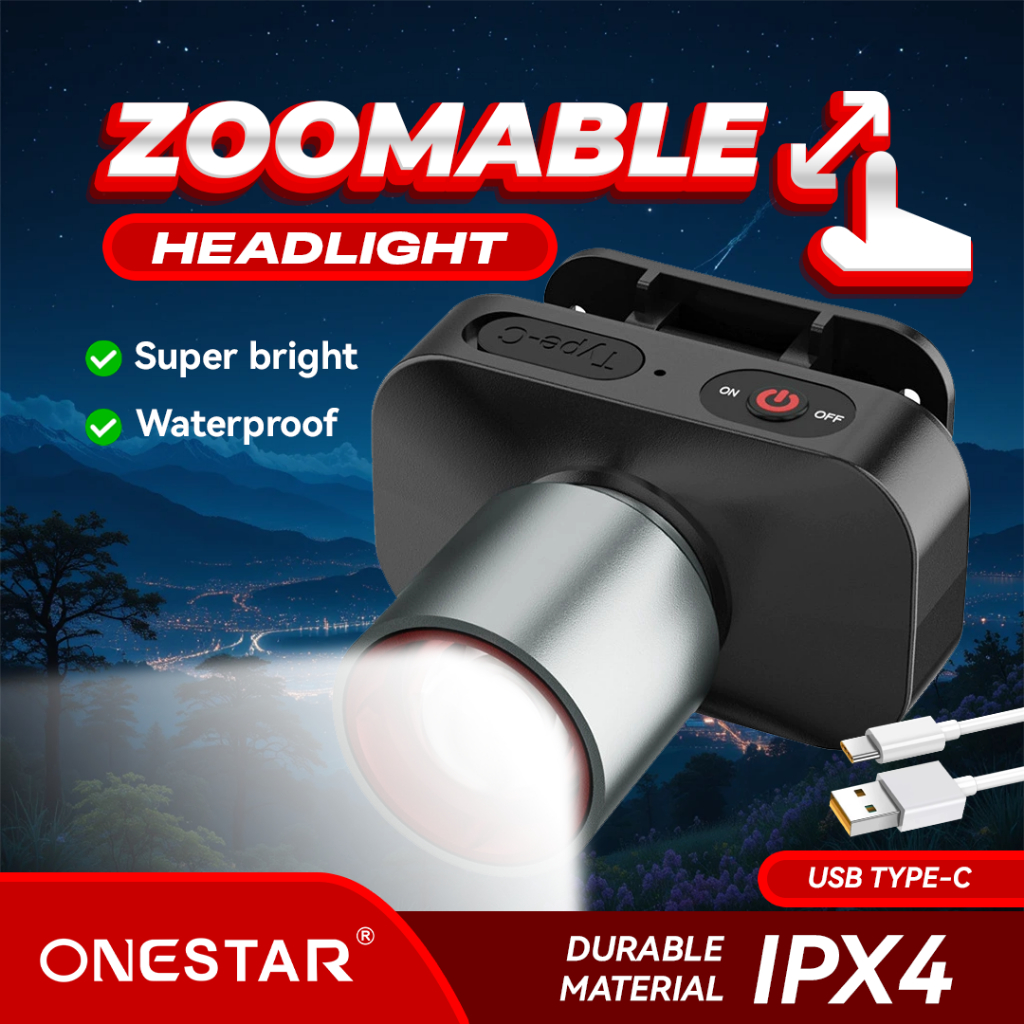ONESTAR Zoomable Headlight Telescopic Flashlight Rechargeable Waterproof LED Camping Heavy Duty ...