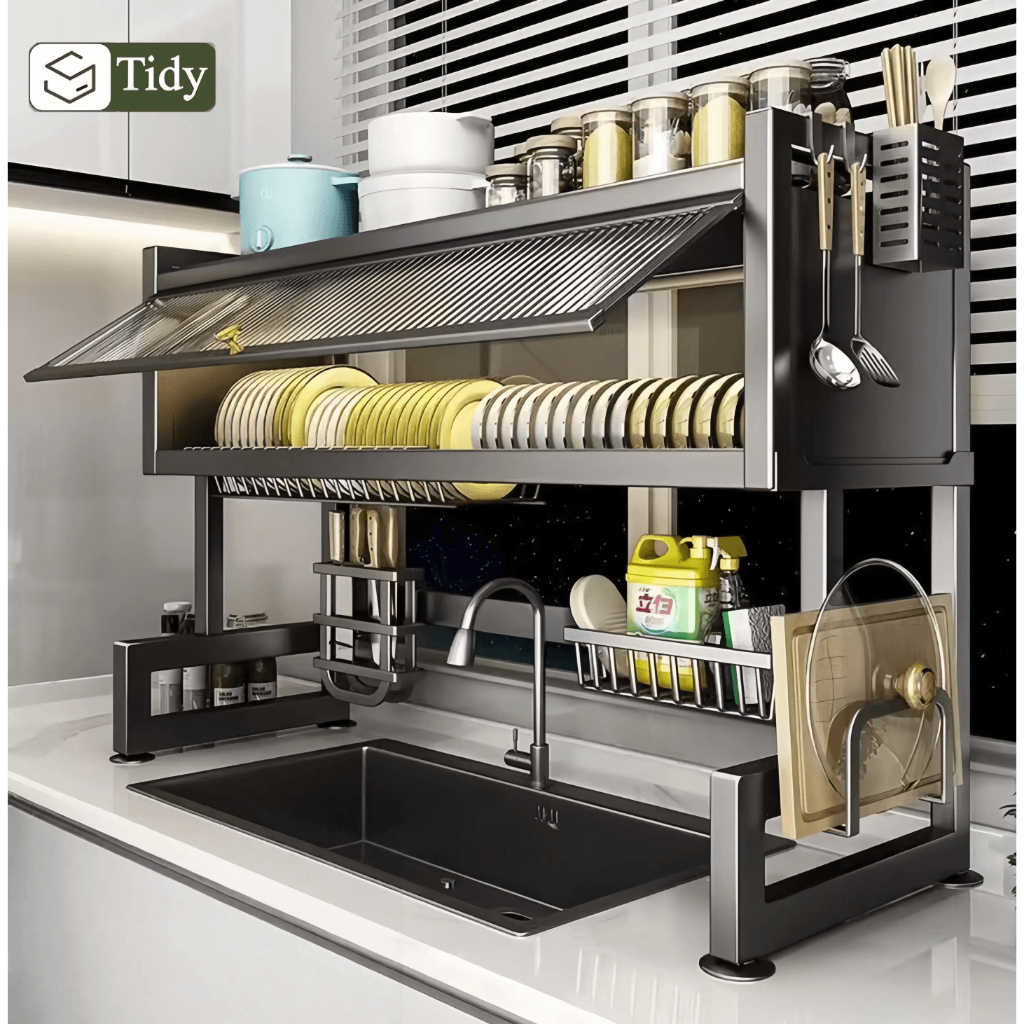 TIDY Metal dish rack 1-2Layer Dish Cabinet Rack Sink Rack With Cover ...