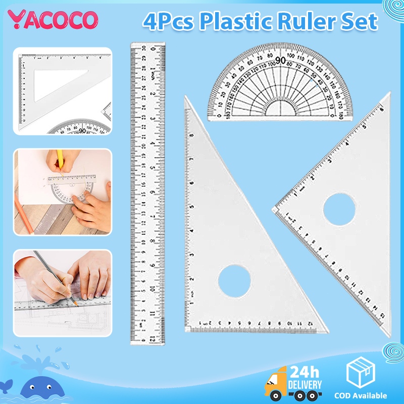 Plastic Ruler Set 4Pcs Including Protractor Triangle Ruler and Straight ...