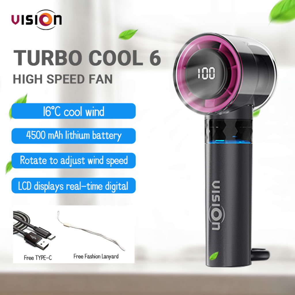 VISION COOL6 100-Speed Turbo Fan Rechargeable USB Digital Bladeless ...