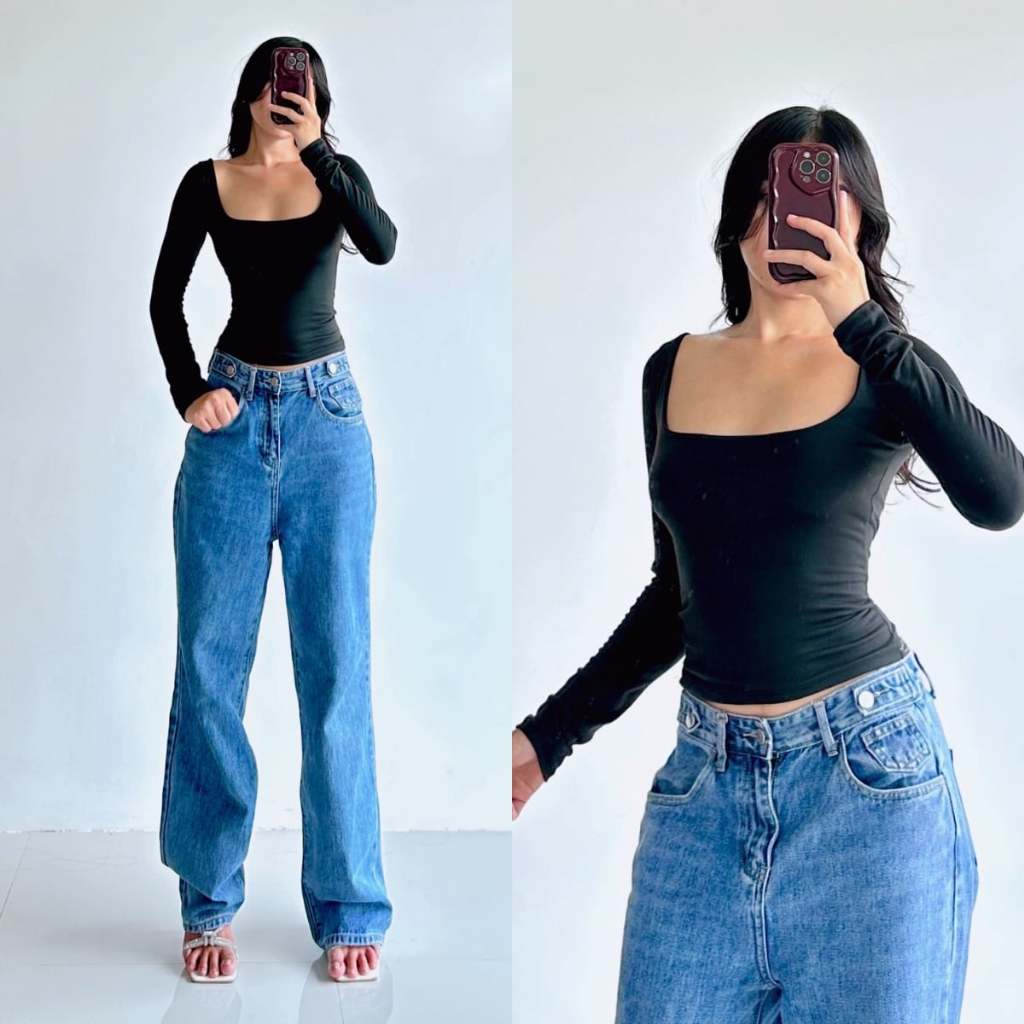 Drea Squareneck Cotton Plain Longsleeve Top Minimalist Basic Womenswear ...