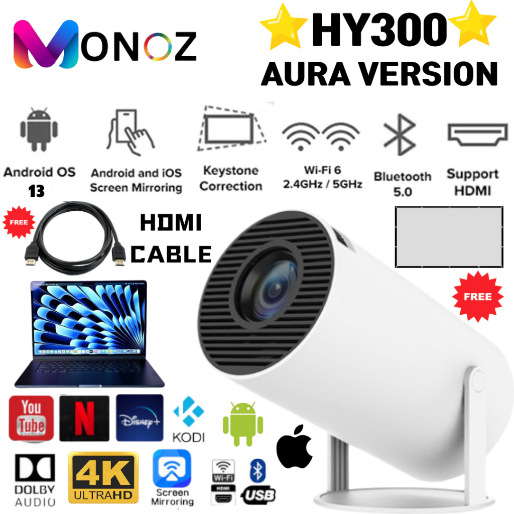 HY300 AURA VERSION 4K Smart Projector| Android 13 | 8000 Lumens | WiFi ...