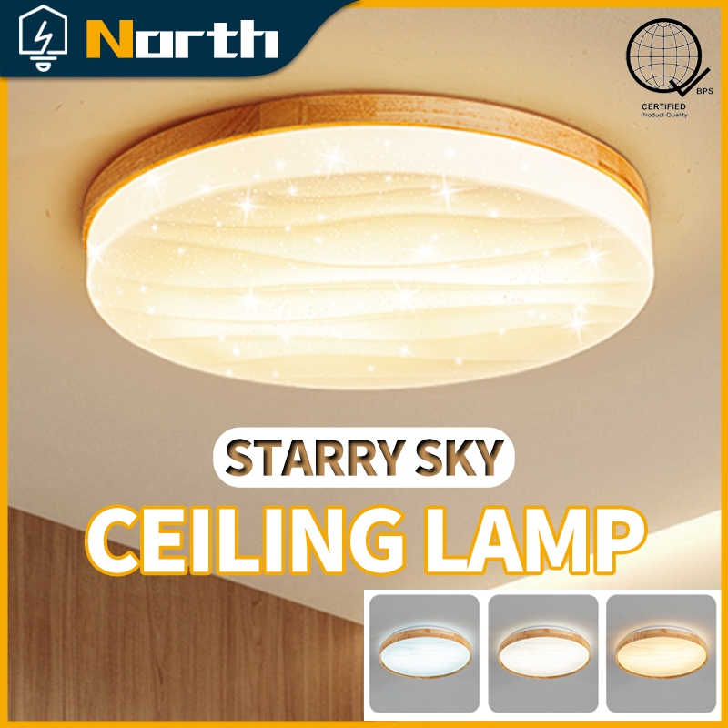 LED Ceiling Light Wooden Tri-color Ceiling Lamp Modern Starry Sky Light ...