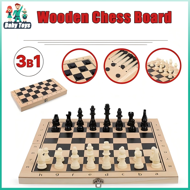 Chess Folding Wooden Chess Pieces Set 3 in 1 Chess Board Toy Game ...
