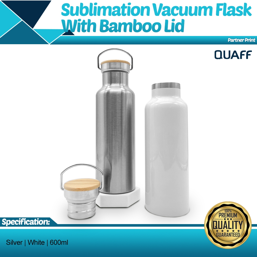 Quaff Sublimation Coated Vacuum Flask with Bamboo Lid White/Silver ...