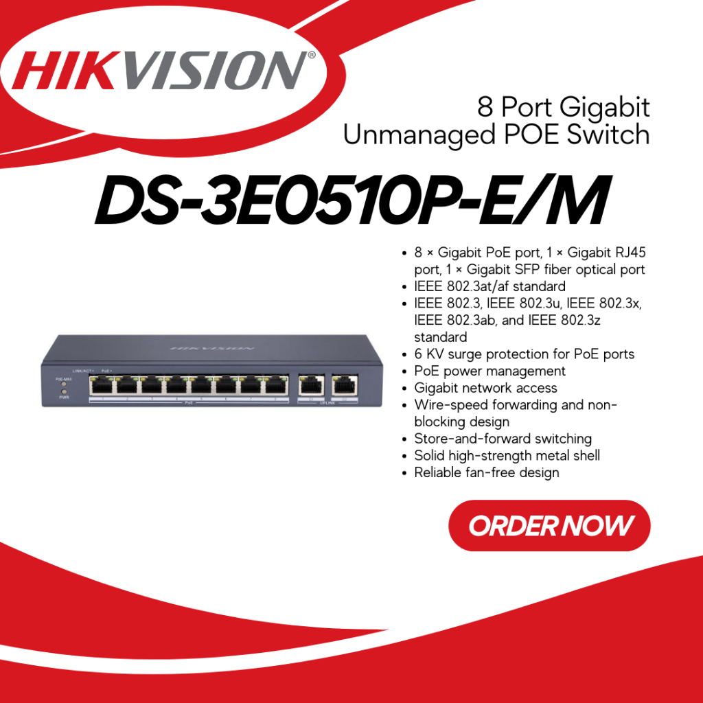 HIKVISION (DS-3E0510P-E/M) 8-Port Gigabit Unmanaged PoE Switch with 1 ...