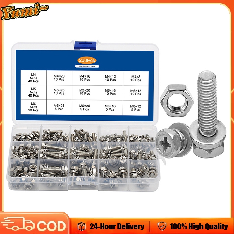 200PC stainless steel outer hexagon screw nut set large full screw ...