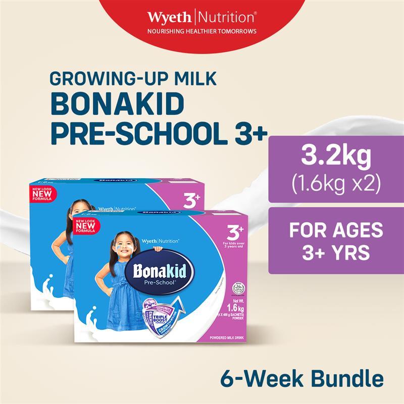 BONAKID PRE-SCHOOL 3+ Powdered Milk Drink for Children Over 3 Years Old 3.2kg (1.6kg x 2 ...