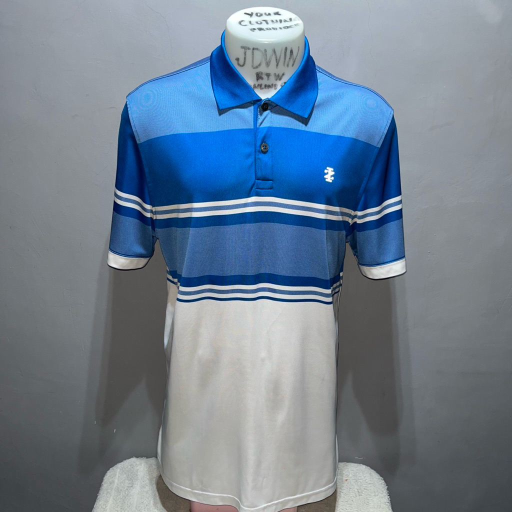 IZOD GOLF POLO SHIRTS MEN’S SIZE LARGE BLUE&SILVER WHITE STRIPES POLYESTER SPANDEX DRYFIT 100 ...