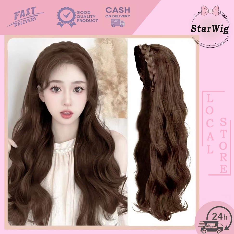Long Curly Hair Korean Half-head Wig Woman's Twist Braid Headband with ...