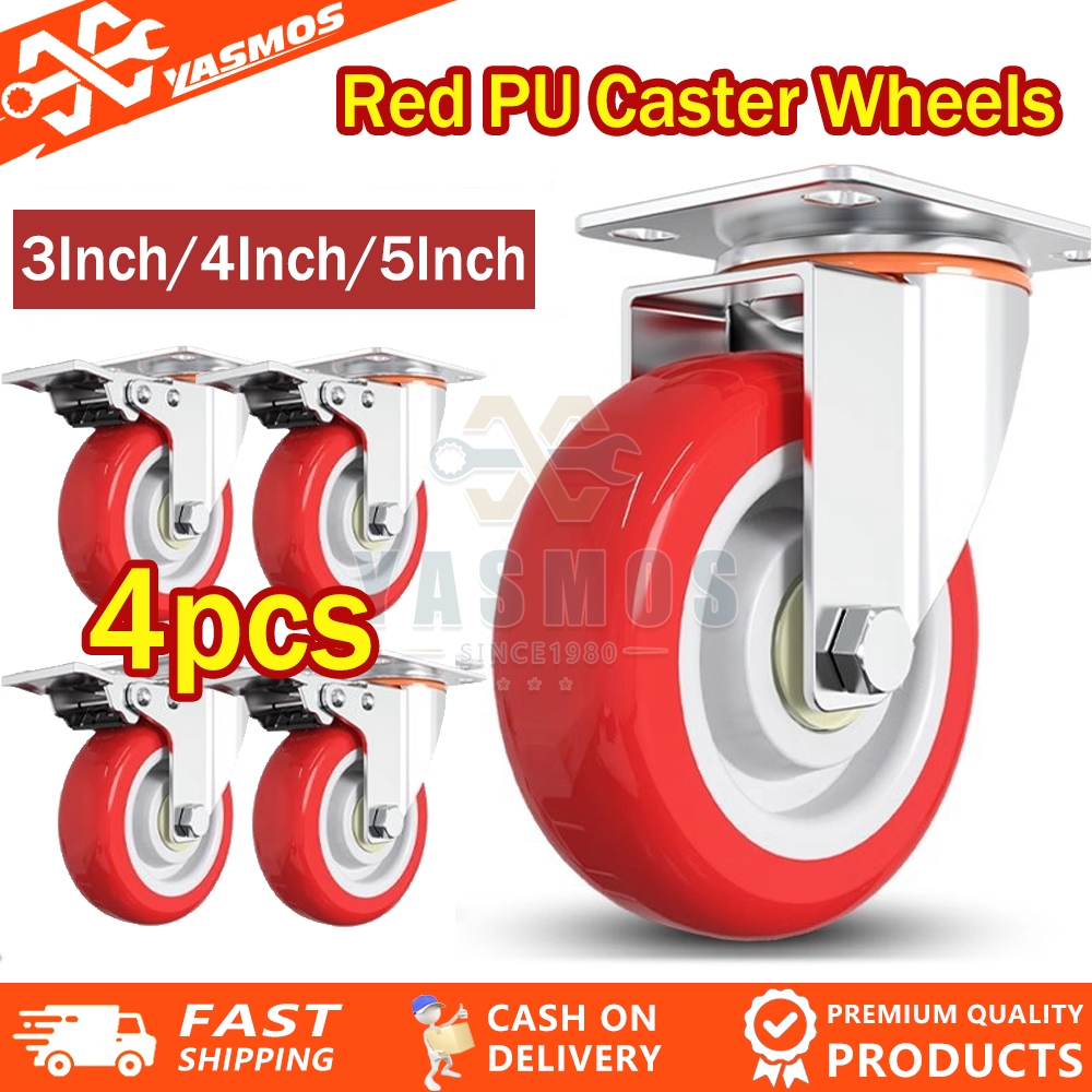 4pcs Red Pu Caster Wheels 3, 4, 5-inch Fixed & Swivel Castor Wheels 360 ...