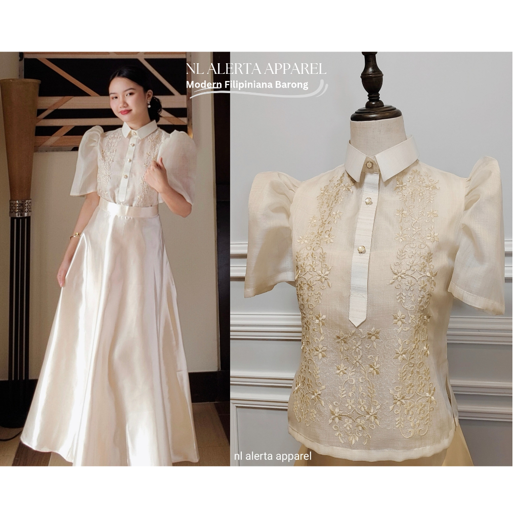 MODERN FILIPINIANA PUFF SLEEVE PINYA COCOON TOP BARONG AND SKIRT FOR ...