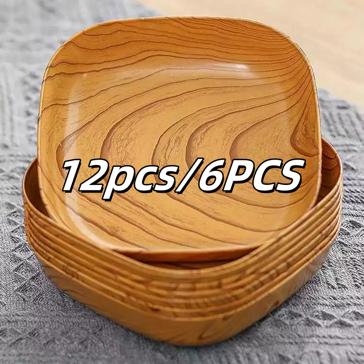 【COD】12pcs Kitchen Square Plate Plastic Wooden Plates 14cm Household ...