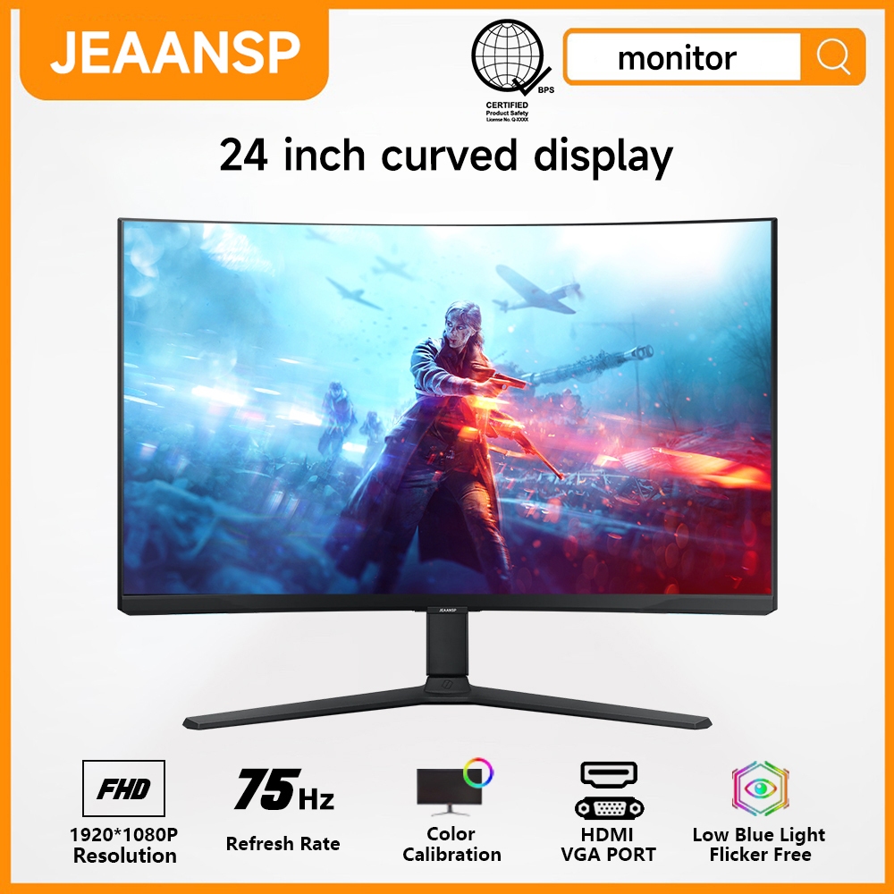 JEAANSP 24 inches Curved screen Frameless Monitor Full HD Gaming IPS ...