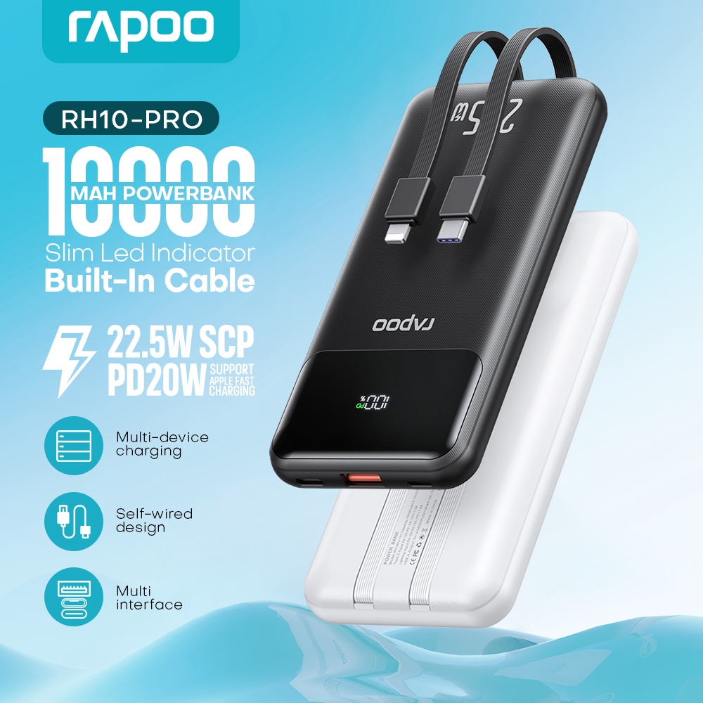 Rapoo RH10pro 10000mAh 22.5W Powerbank with Built in Cable Digital ...