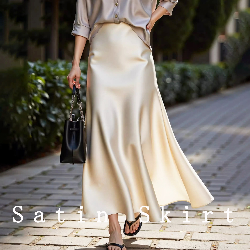 Satin Skirt Fashion Long Skirt High Waist Casual A Line Skirt Loose Silk Skirt Elegant Mermaid ...