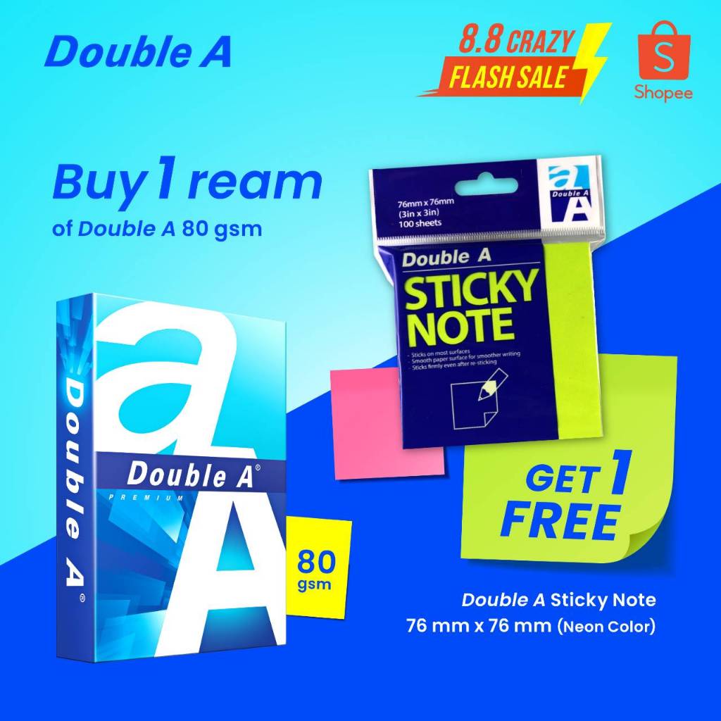 Double A Bond Paper F4(Long) 80 GSM 500 Sheets FREE Sticky Note Neon ...