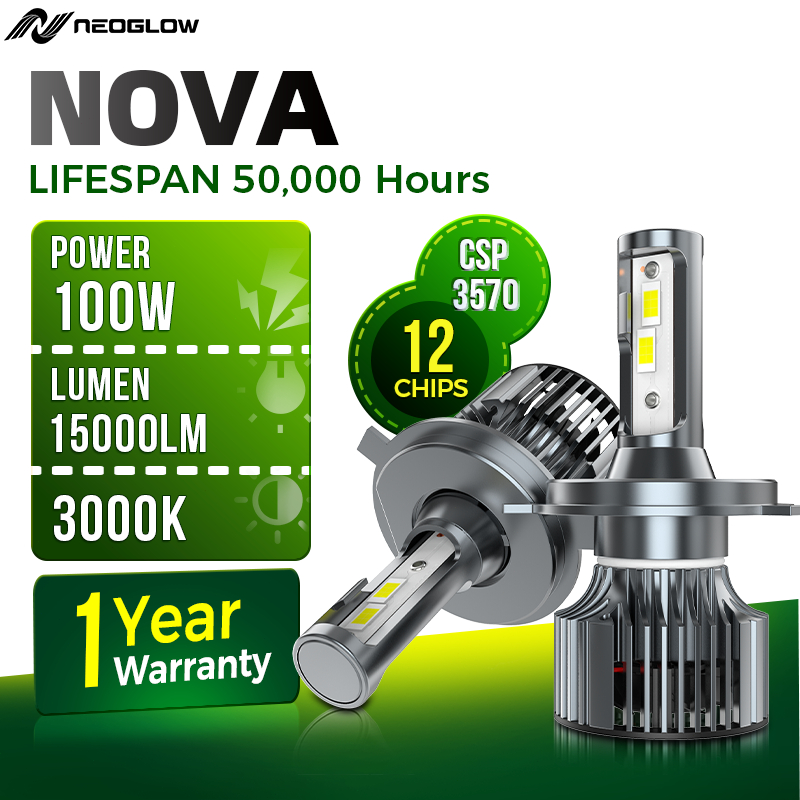 NeoGlow NOVA 100W 15,000LM 3000K H4/H11 LED Headlight – CANBUS, IP68 ...