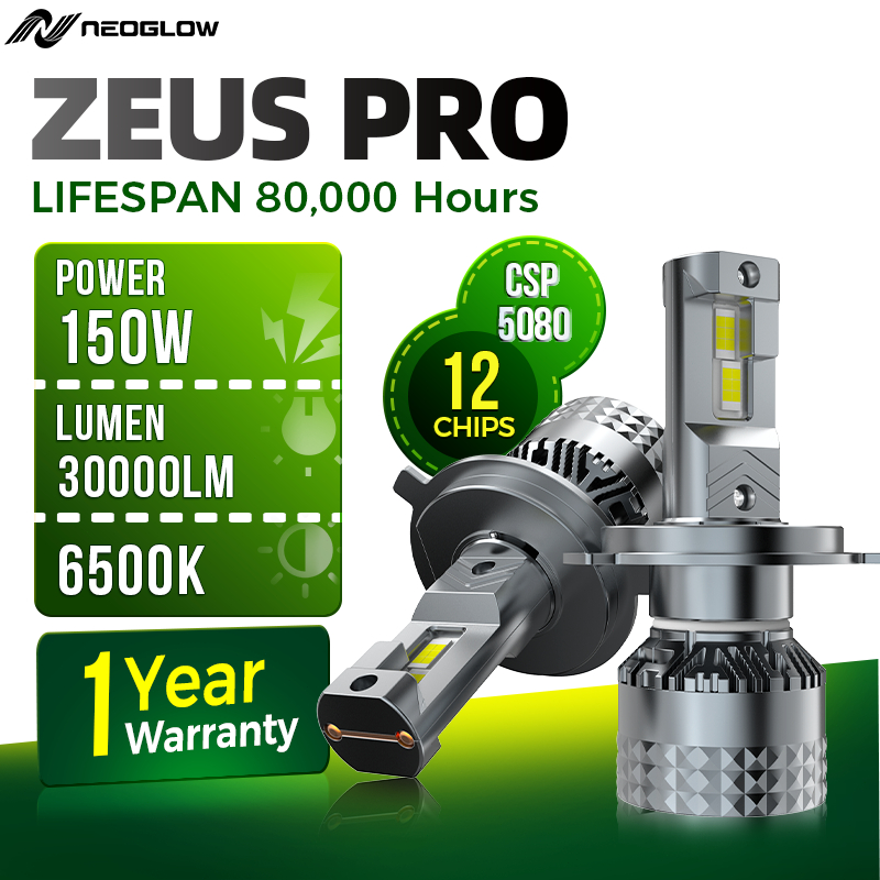 NeoGlow ZEUS 150W 30,000LM 6500K H4/H11/9005 LED Headlight Bulbs ...