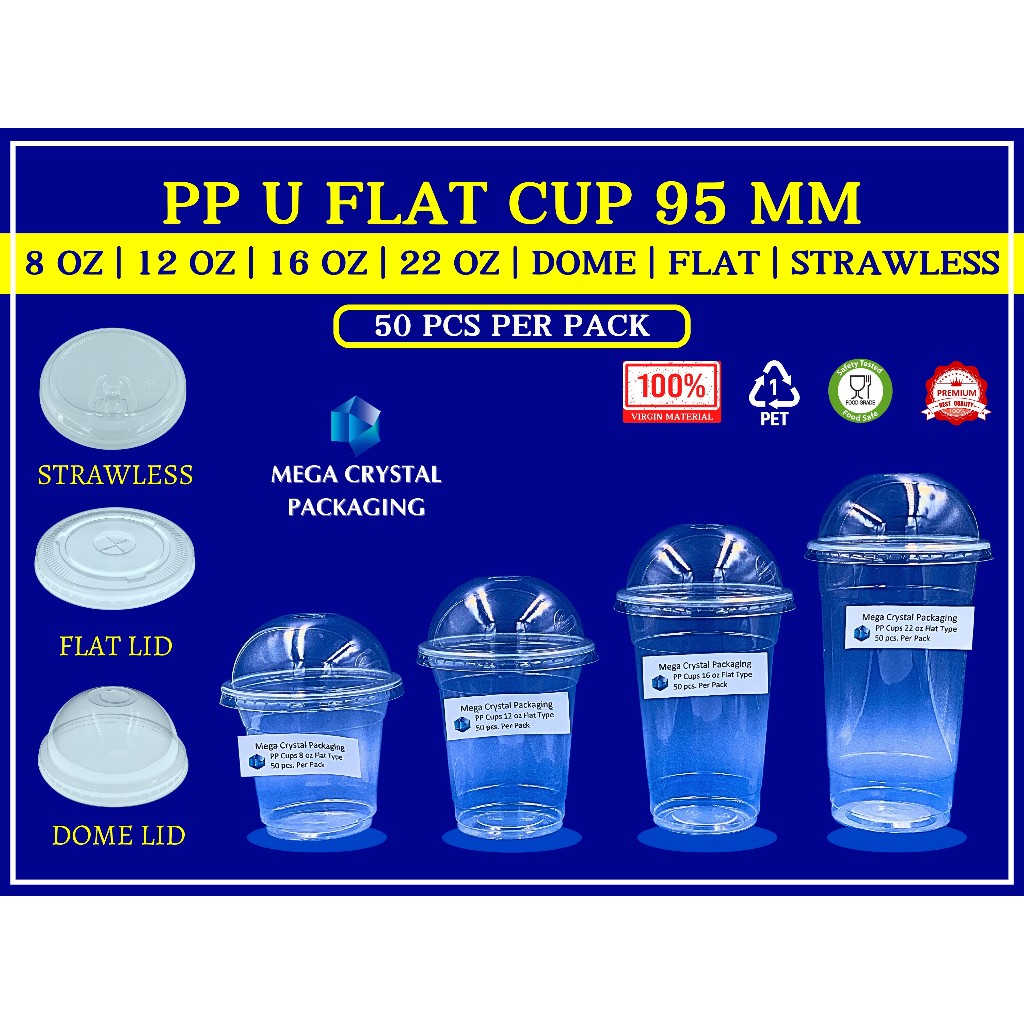 [ 50 Pcs ] PP Flat Plastic Cup Milk Tea Y Cup 8 oz / 12 oz / 16 oz / 22 ...