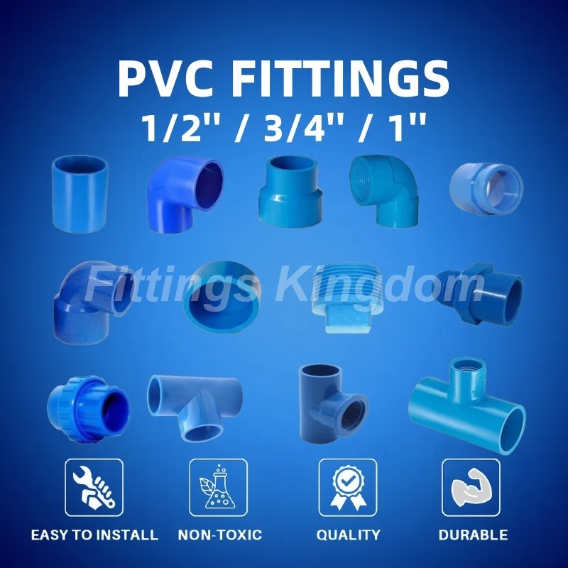 FITTINGS KINGDOM PVC Blue Pipe Fittings Coupling Elbow Tee Reducer Cap ...