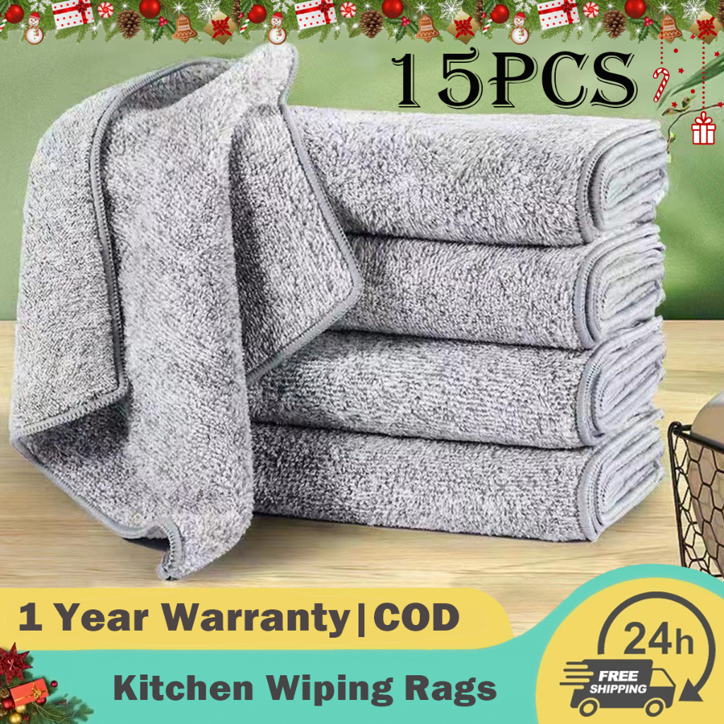15Pcs Bamboo Charcoal Cleaning Rags Kitchen Microfiber Thicken Wiping ...