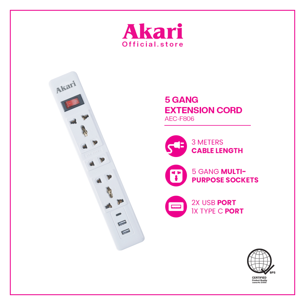 Akari 5 Gang Extension Cord with Surge Protection and Overload ...