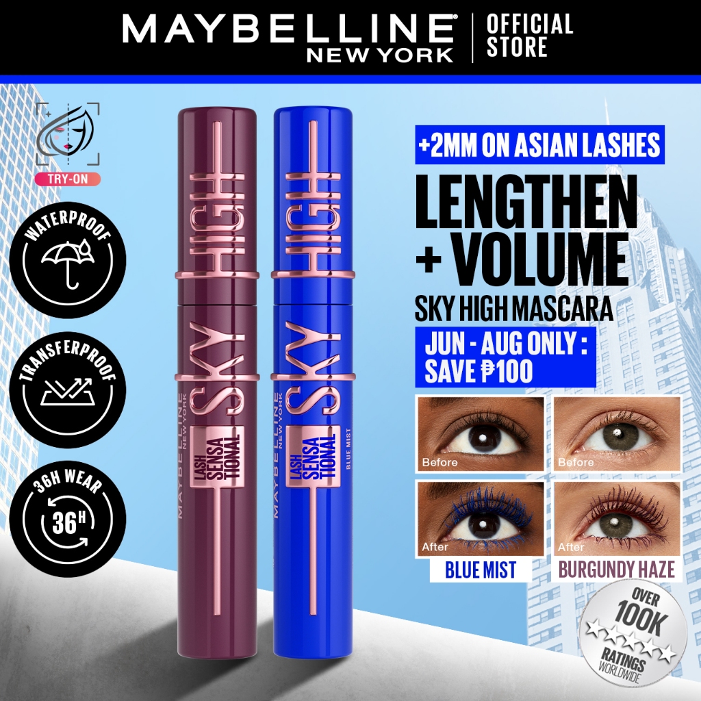 Maybelline Sky High Mascara 24HR Long-Lasting, Adds 2mm length on Asian ...