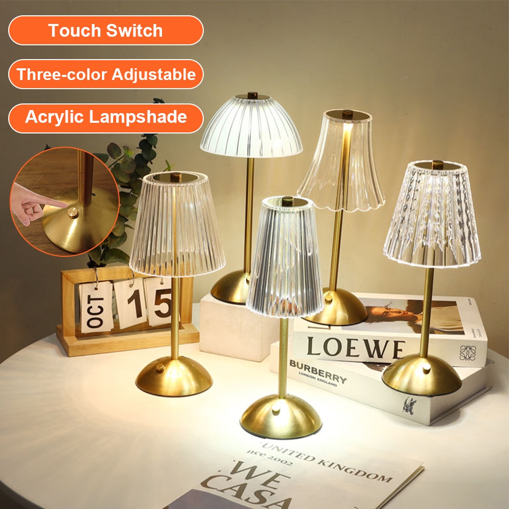 3 Color Bedside Gold LED Table Lamp Touch USB Rechargeable Desk Light ...