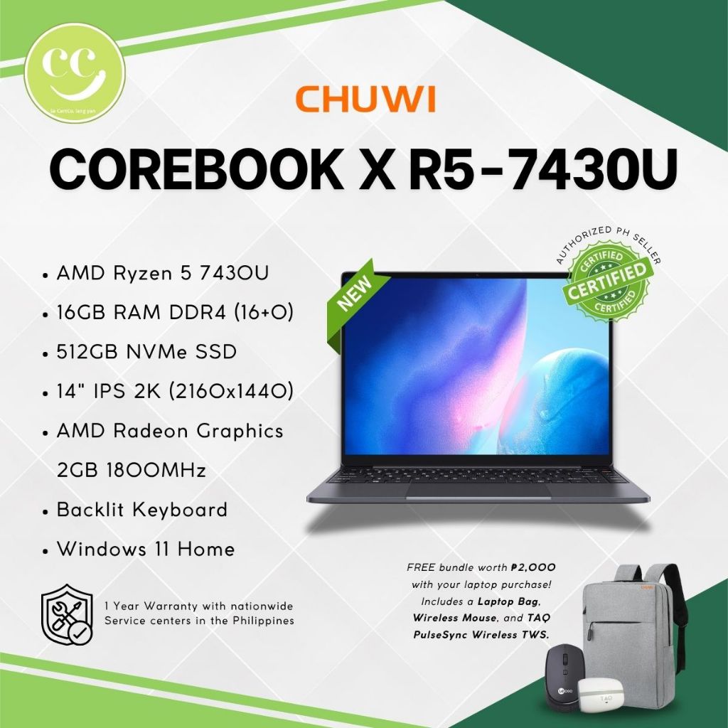 CHUWI COREBOOK X R5 AMD Ryzen 5 7430U | 16GB RAM DDR4 (16+0) | 512GB NVMe SSD | WINDOWS 11 HOME ...
