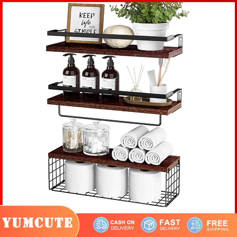 Wall Mounted Floating Shelf Organizer with Storage Basket Wooden ...