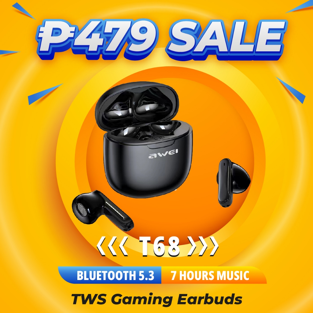 Awei T68 TWS Noise Reduction Gaming Earbuds Bluetooth V5.3 w/Charging Case (BLACK) | Shopee ...