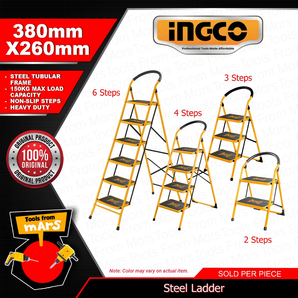 INGCO 150KG Wide Steel Ladder 2 / 3 / 4 STEPS Household Indoor Outdoor ...