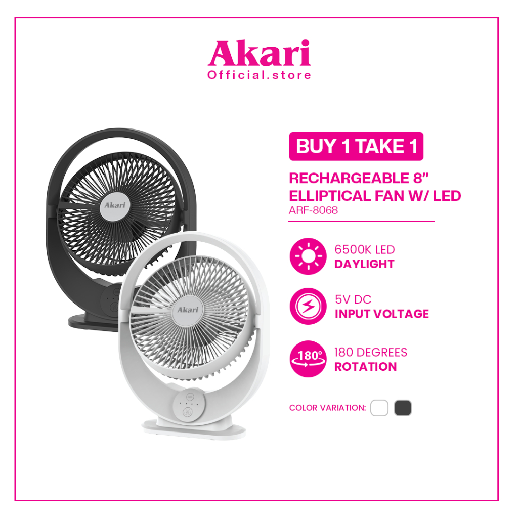 Akari BUY 1 TAKE 1 - 8" Elliptical Rechargeable Fan w/ LED (ARF-8068 ...