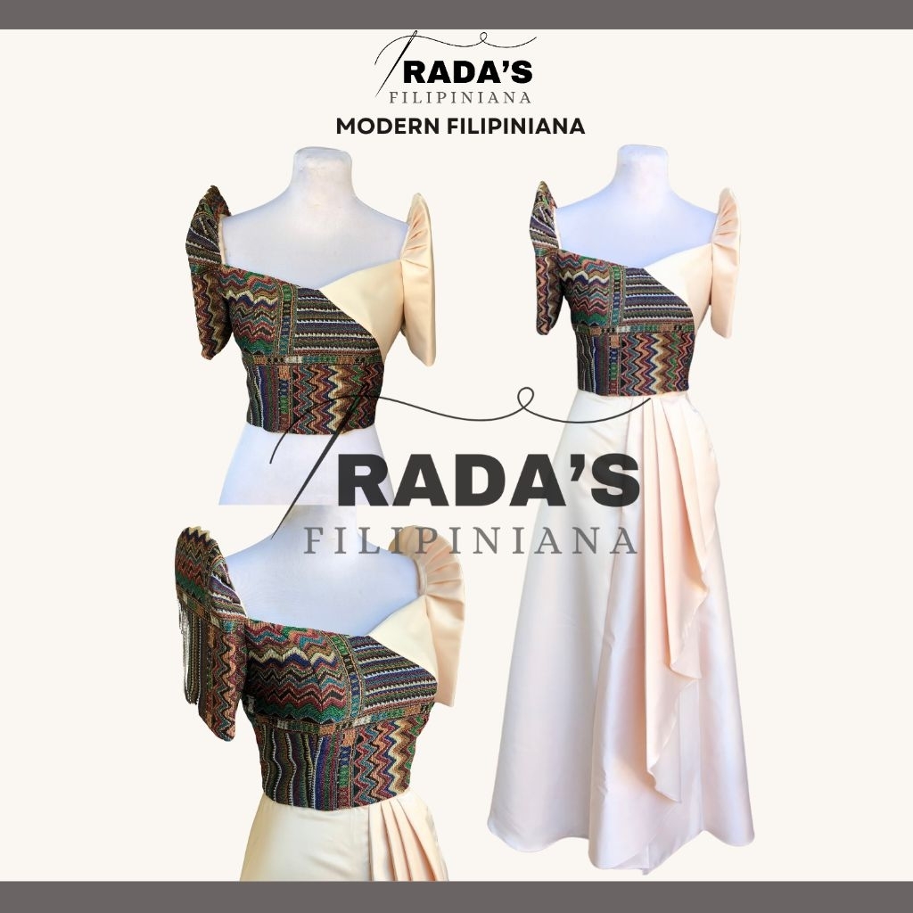 Modern Filipiniana Ethnic Top with Overlap Skirt Beige with Slit ...