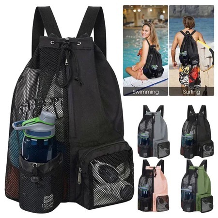 Swim Bag Mesh Drawstring Backpack with Wet Pocket Multipurpose ...