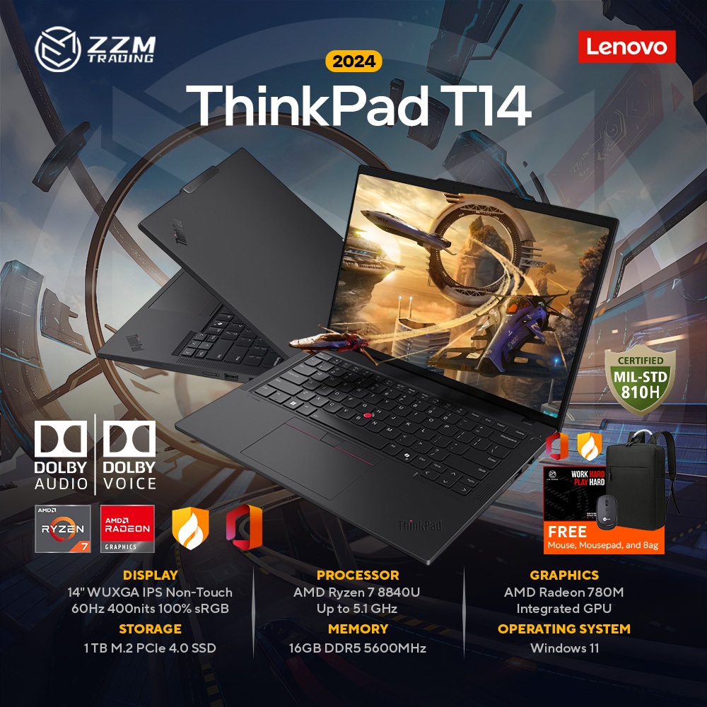 Lenovo ThinkPad T14 2024 R7 PRO 8840U Radeon 780M 14" 16:10 WUXGA IPS 16GB RAM 512GB SSD ZZM ...